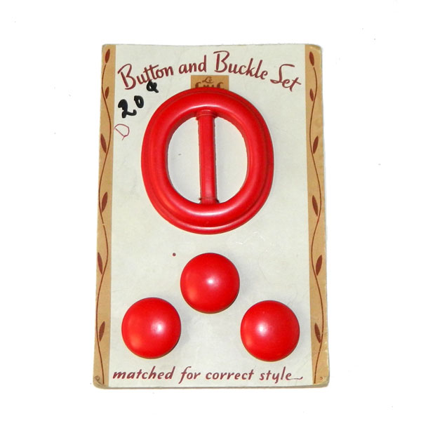 1930s red slide belt buckle and button set
